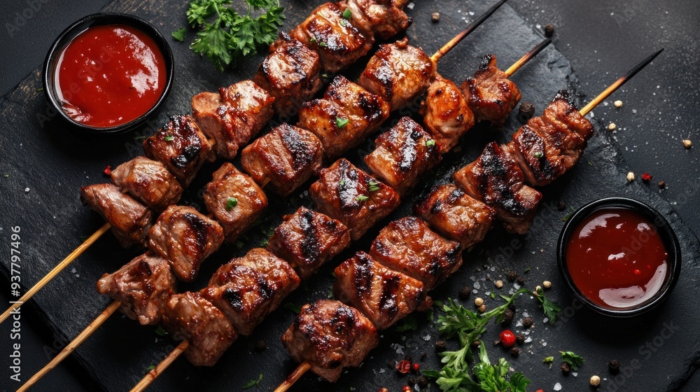 Shawarma skewers grilled and served with barbecue sauce Grilled meat ...