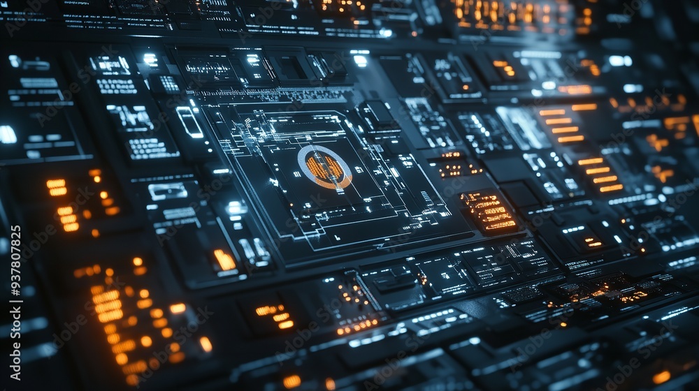 A high-tech user interface displaying complex data analytics, tablet ...