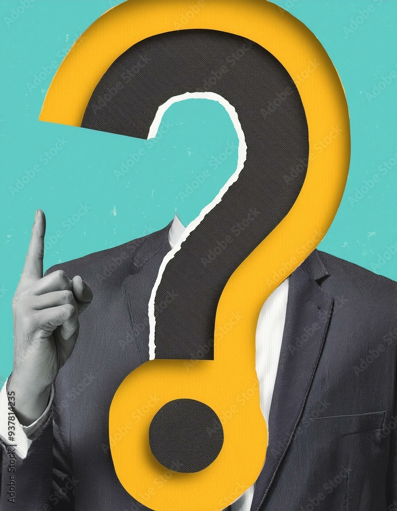 Modern collage with pointing hand and question mark. Paper cutout. Torn ...