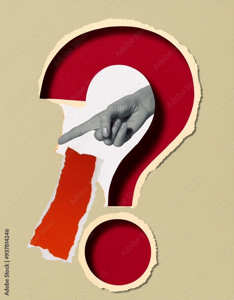 Modern collage with pointing hand and question mark. Paper cutout. Torn ...
