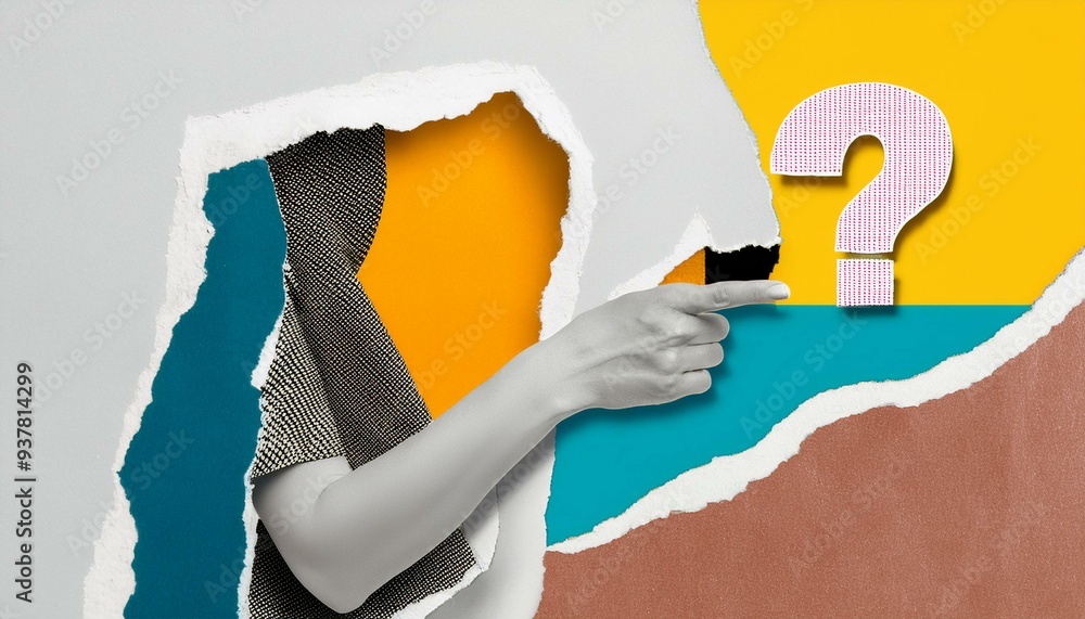 Modern collage with pointing hand and question mark. Paper cutout. Torn ...