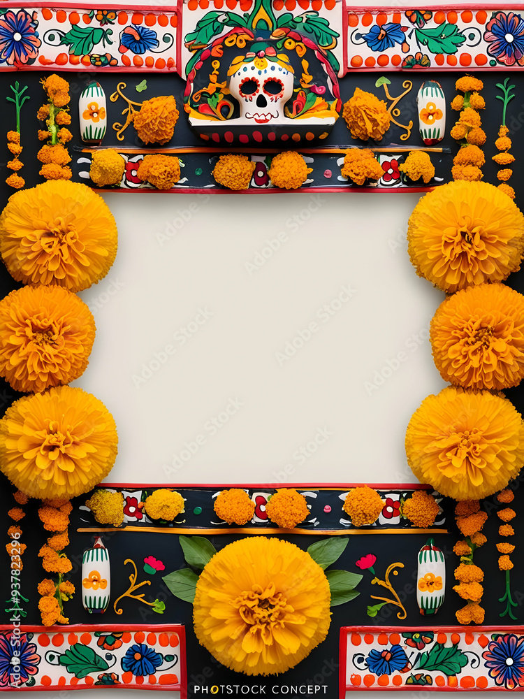 Dia de Muertos Ofrenda and Marigold Flower Border with Copy Space ...