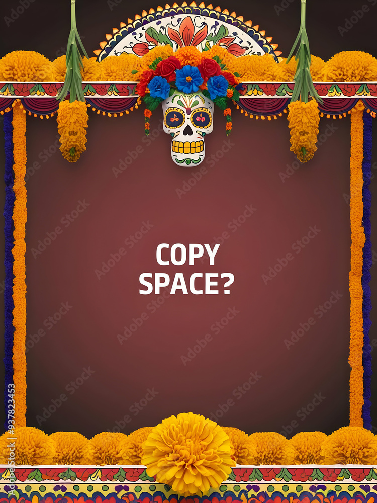 Dia de Muertos Ofrenda and Marigold Flower Border Frame with Copy Space ...