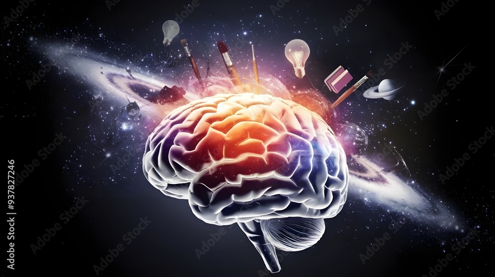 A concept art image of a human brain exploding, revealing a universe ...