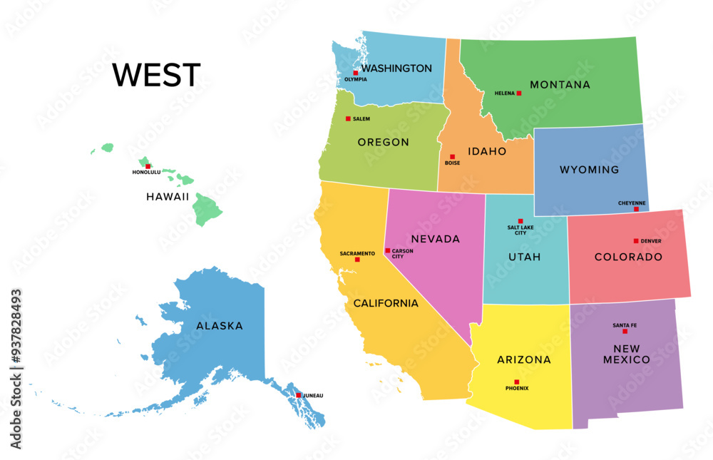 West, U.S. census region, multi colored political map. Census region 4 ...