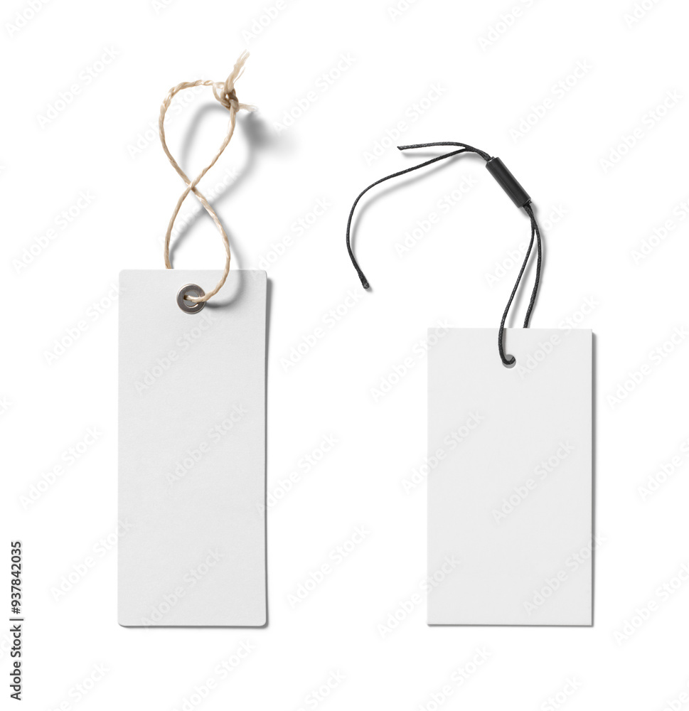 Two blank tags with different types of loops are displayed, one tied ...
