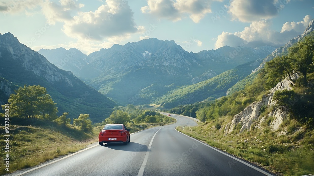 Road landscape with red car in nature scene View of travel by car on ...
