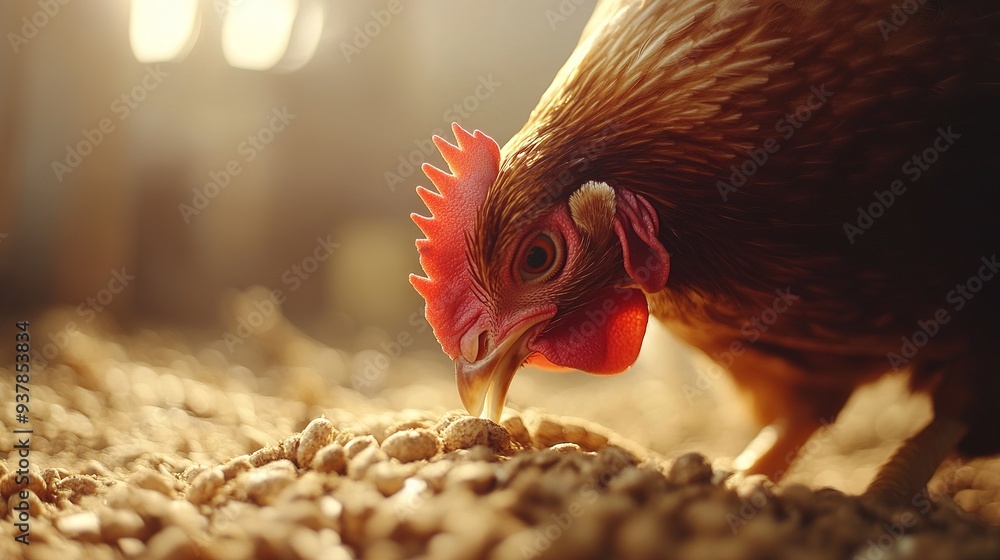 Chickens eating feed in a natural, free-range chicken farm environment ...