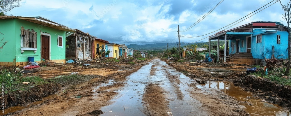 A community recovering from a major storm, with residents rebuilding ...