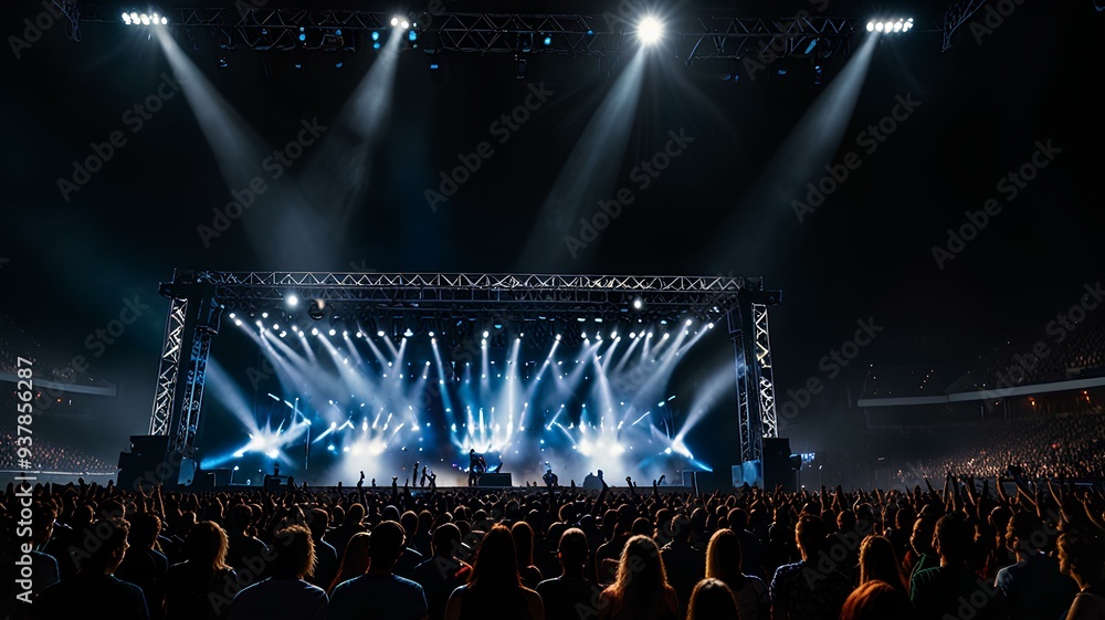 People crowd on music rock festival concert in stadium, big stage lit ...