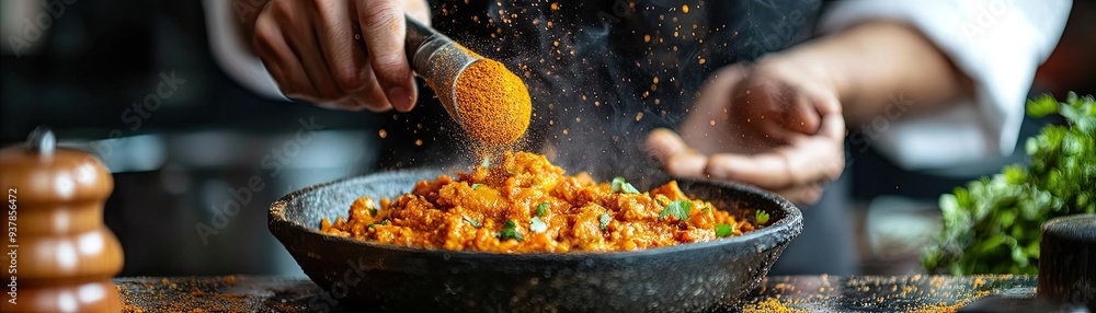 A cook making curry from scratch, grinding spices and simmering the ...