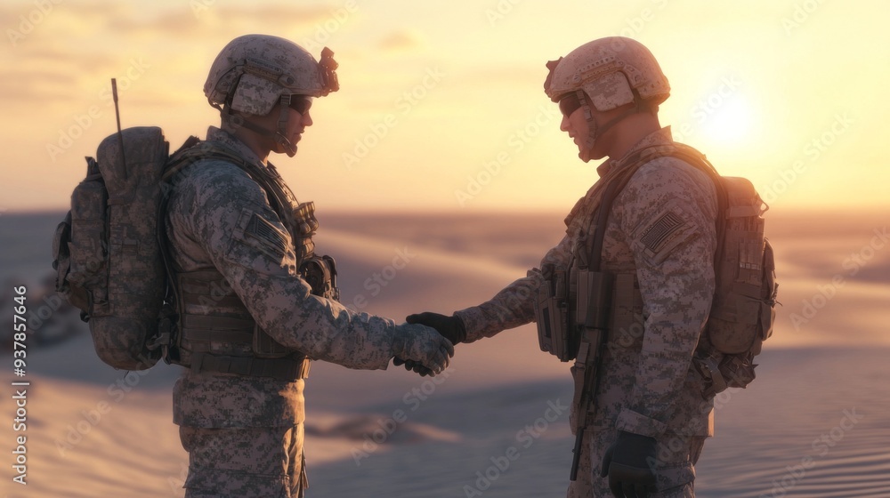 Two soldiers in full combat gear shake hands in a desert setting at ...