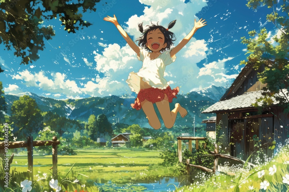 Anime girl jumping in the air with arms raised high, eyes closed and ...