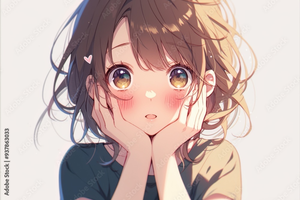 Anime girl with both hands on her cheeks, eyes wide and a look of awe ...