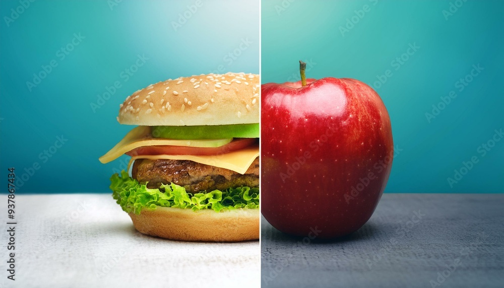 Image split in half, hamburger and apple. Healthy vs unhealthy food ...