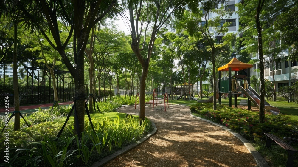 A garden path and playground in a green landscape within an HDB estate ...