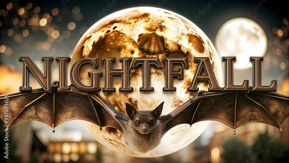 3D Bat and Full Moon Border with Nightfall Text concept as A dark and ...