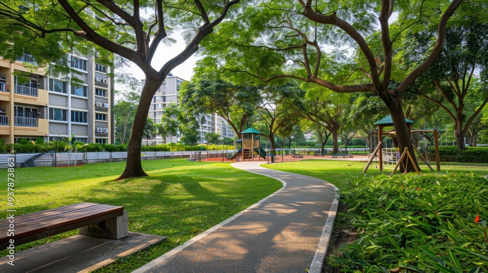 A garden path and playground in a green landscape within an HDB estate ...