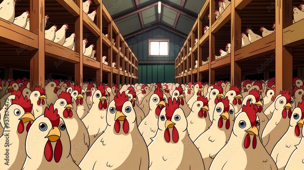 Chicken farm with wooden coops, free range egg and poultry industry ...