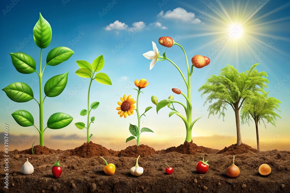 Vibrant botanical illustration showcases a plant's life cycle from tiny ...