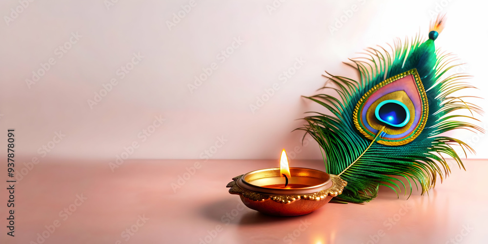 3D Diya and Peacock Feather Border concept as Horizontal frame with a ...