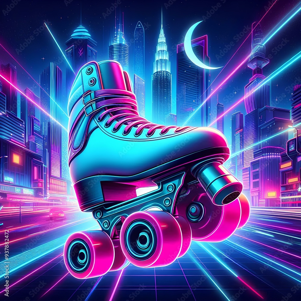 Roller skate in cyberpunk style, disco nostalgic 80s, 90s. Neon night ...