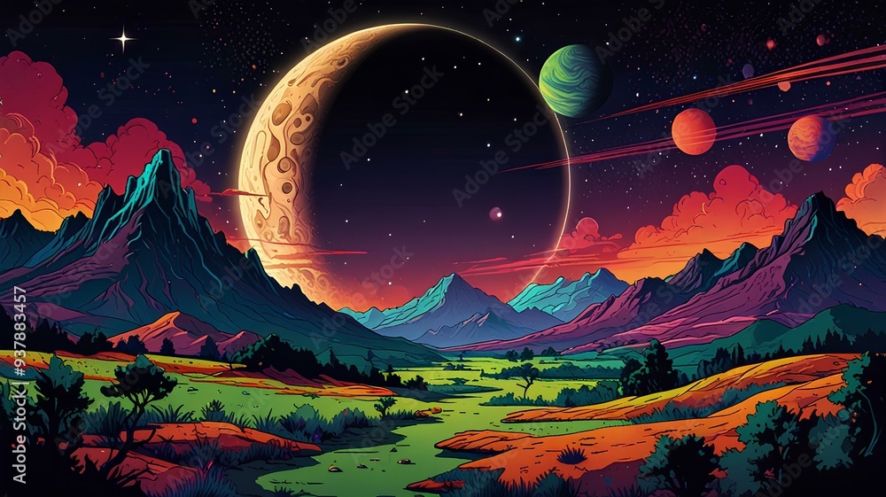 Psychedelic Space banner template in anime manga line art style ...