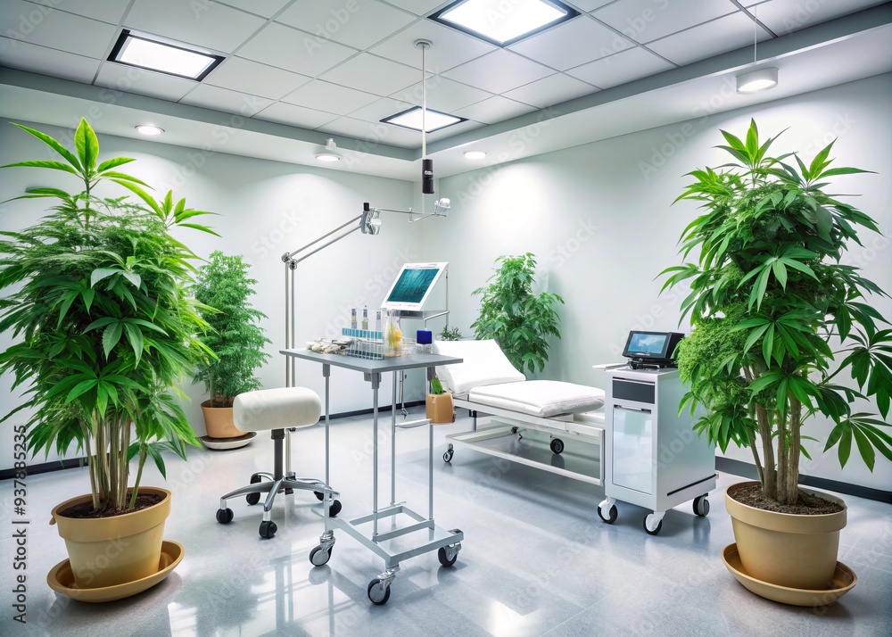 A modern medical facility setup with cannabis plants, medical equipment ...