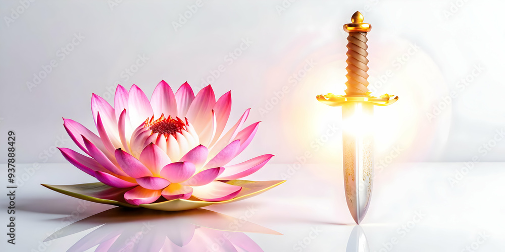3D Glowing Abstract Lotus and Sword concept as A serene glowing ...