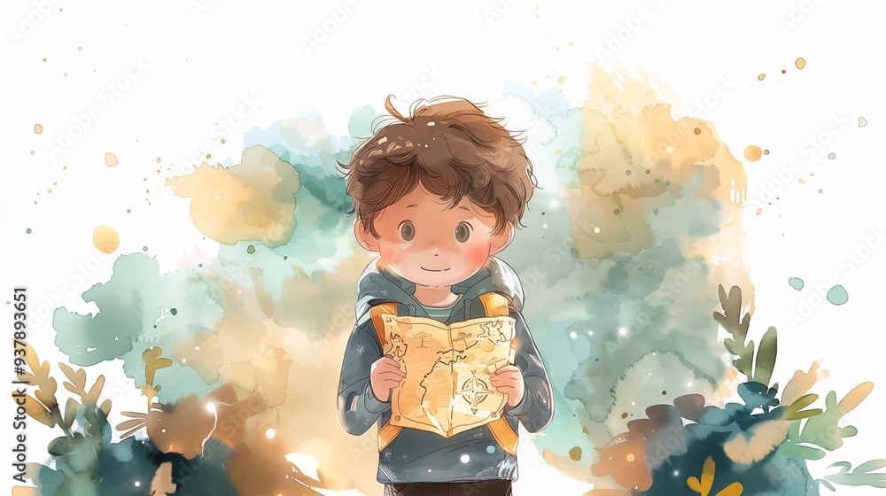 Young boy holding map on exciting treasure hunt adventure, X marks the ...