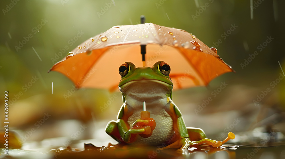 Frog with umbrella in rain ,Frog under an umbrella ,A green frog sits ...