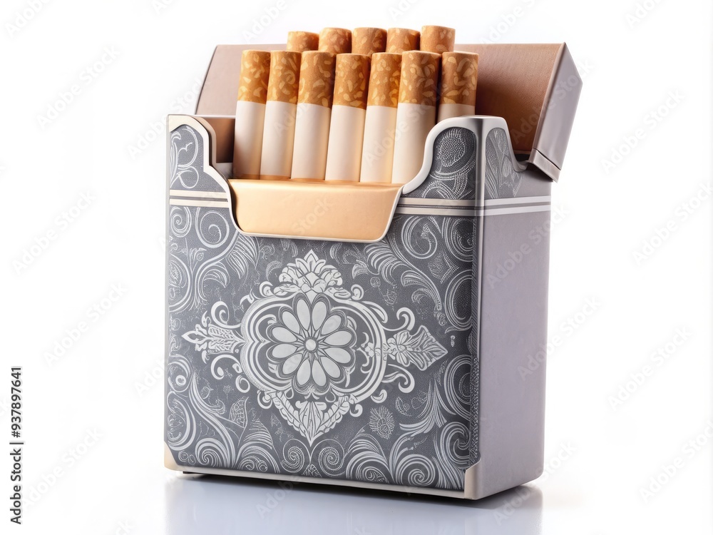 A closed box of gray-packaged cigarettes lies isolated on a white ...