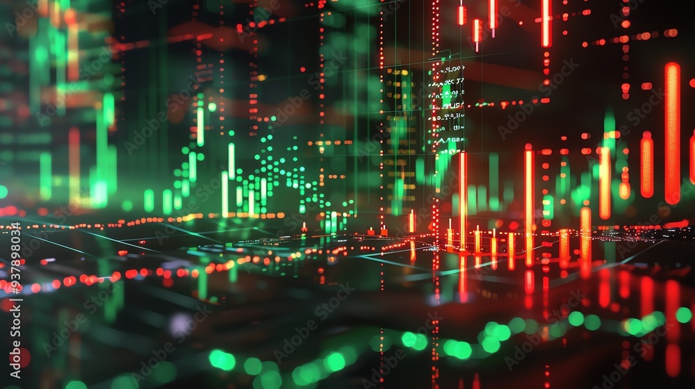 Abstract data visualization of financial markets with glowing green and red graph lines ...