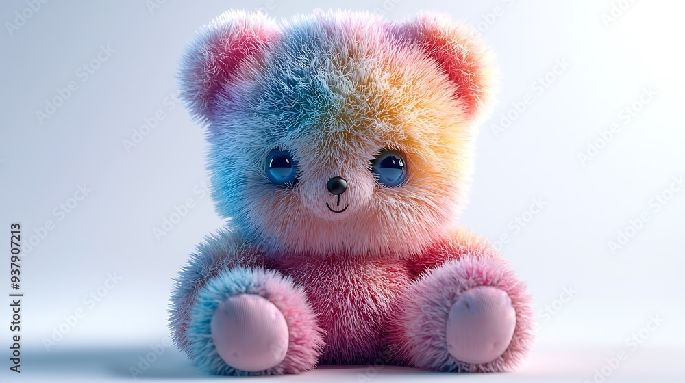Colorful rainbow plush teddy bear toy sitting isolated on white ...