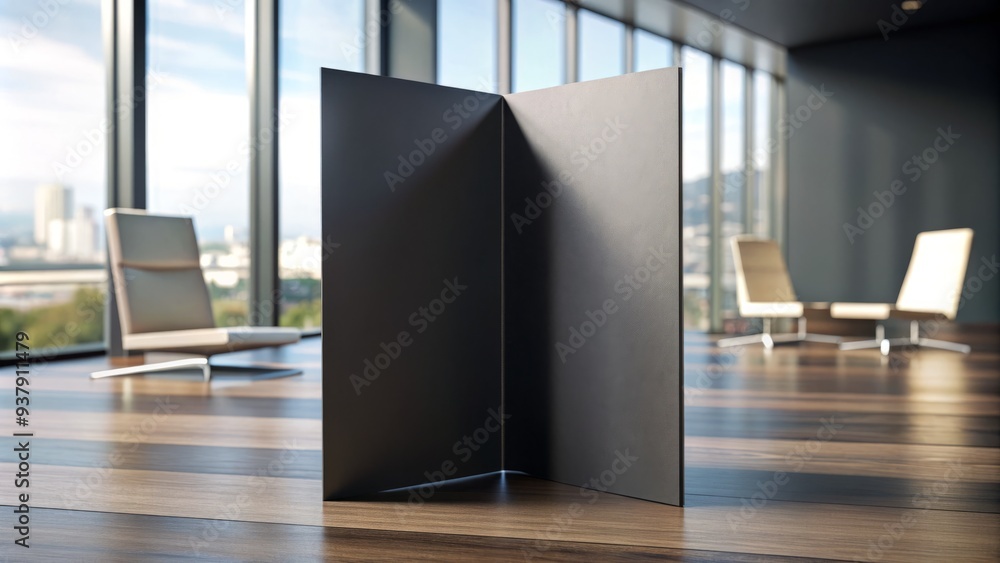 A sleek black trifold brochure stands upright on a modern desk, its ...