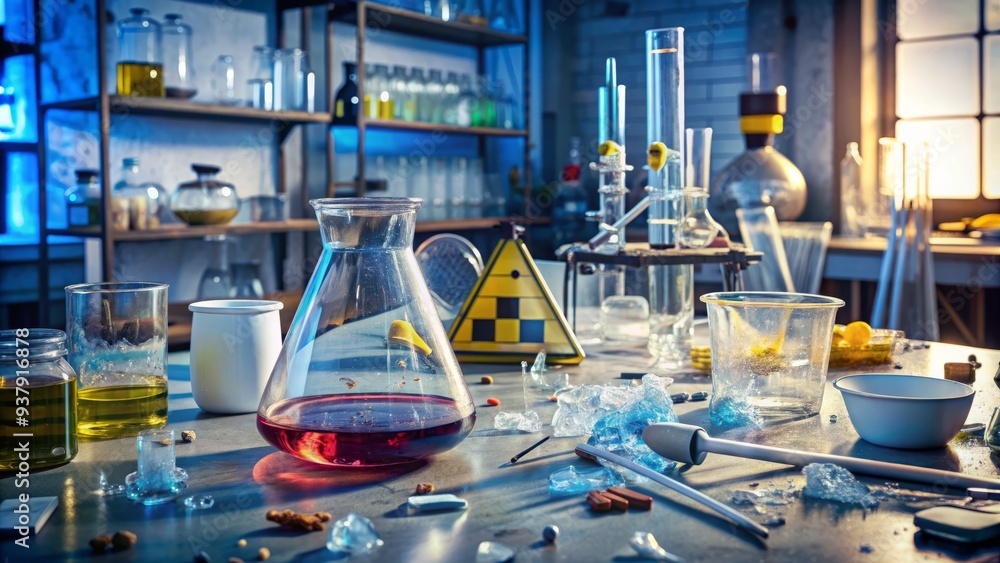 Broken glassware and scattered chemicals surround a ruptured beaker ...