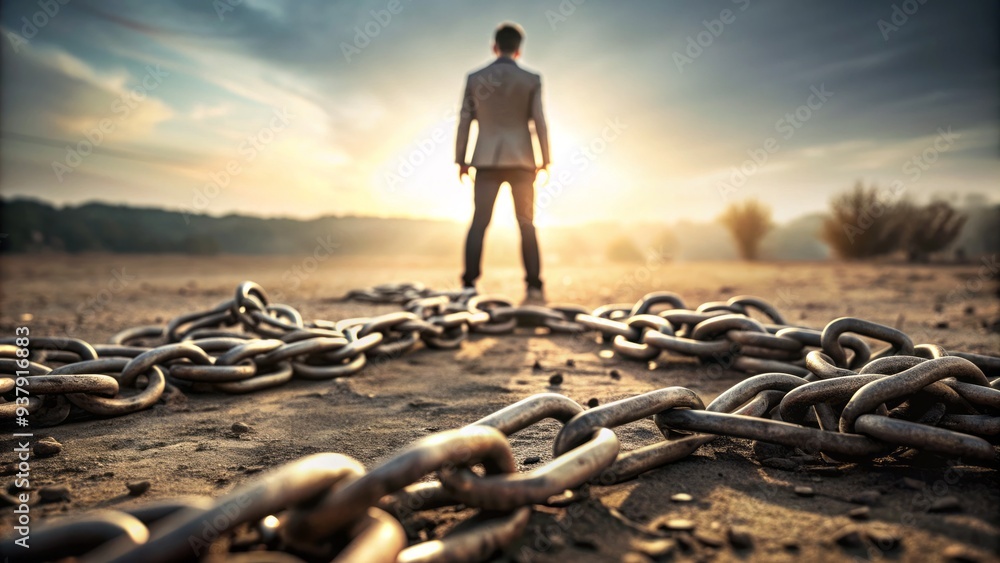 Broken shackles and chains scattered on the ground, symbolizing ...