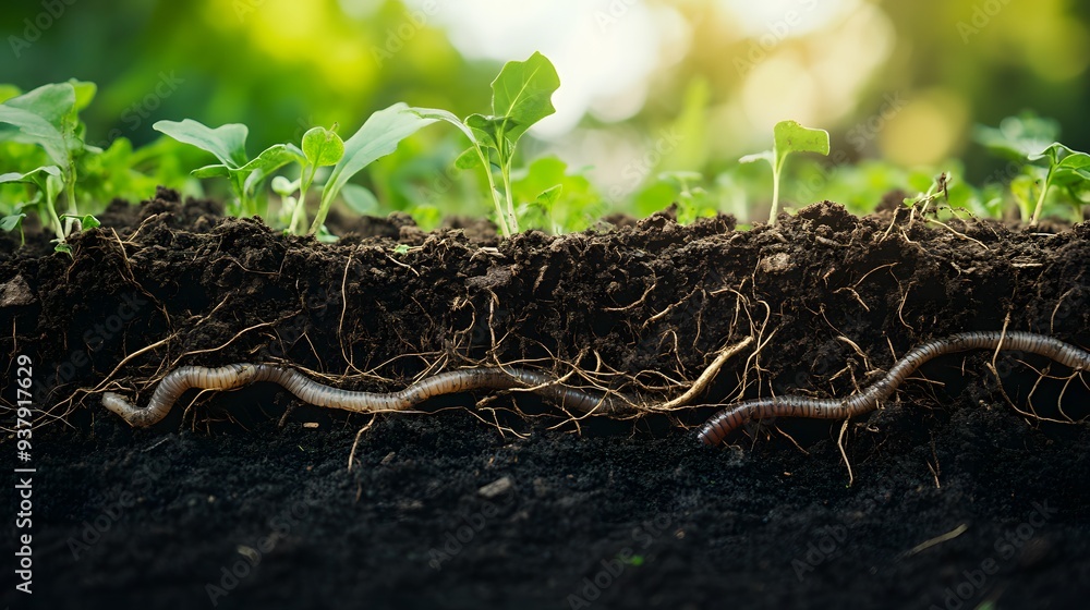 Micro view of soil layers with roots and earthworms interacting, soil ...