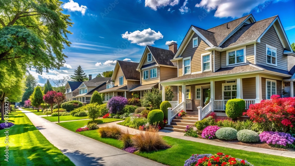 Charming suburban neighborhood with well-manicured lawns, trees, and ...