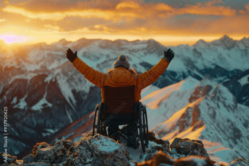 Disabled man in wheelchair raised hands and celebrates with raised arms ...