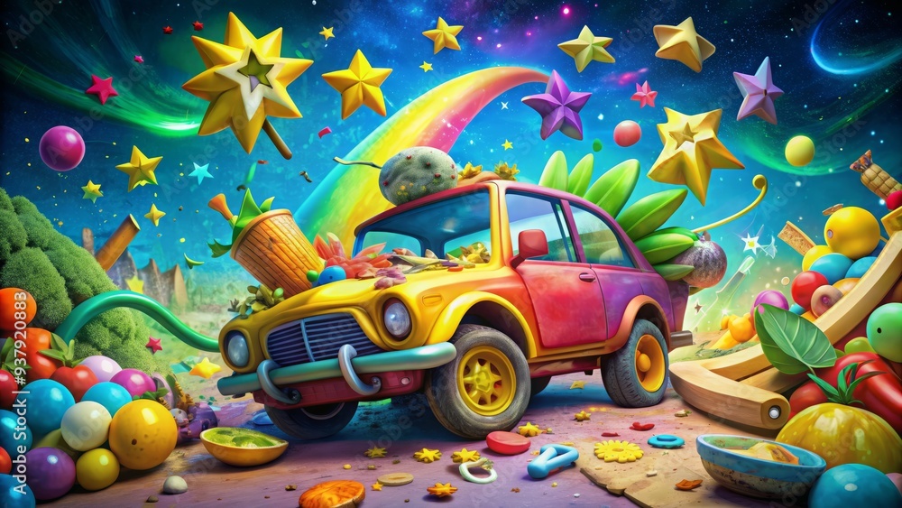 Colorful cartoon car wreckage with dented bumper, shattered windshield ...