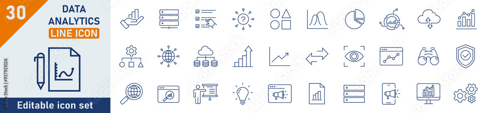 Data Analytics line icon set. Set of 30 outline icons related to charts ...