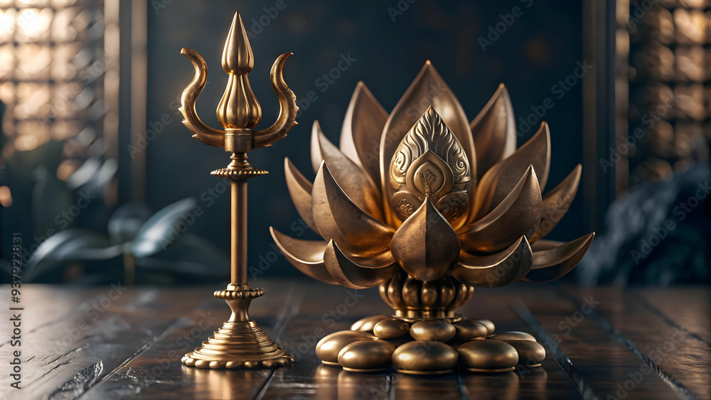 3D Trident and Lotus Abstract concept as Abstract vector of a trident ...