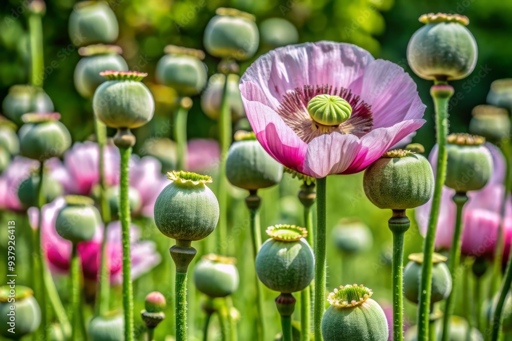 Delicate, papery petals of the opium poppy flower sway gently in the ...