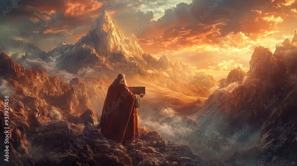 A detailed depiction of Moses receiving the Ten Commandments on Mount ...