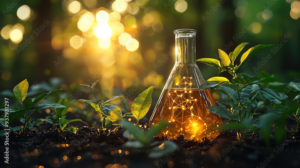 biofuel inside elenmeyer flask with chemical structure illustration for biotechnology renewable ...