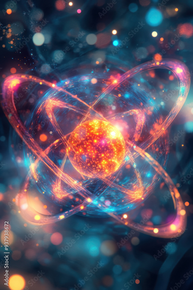 atom illustration, A vibrant digital artwork depicting an atom with its ...