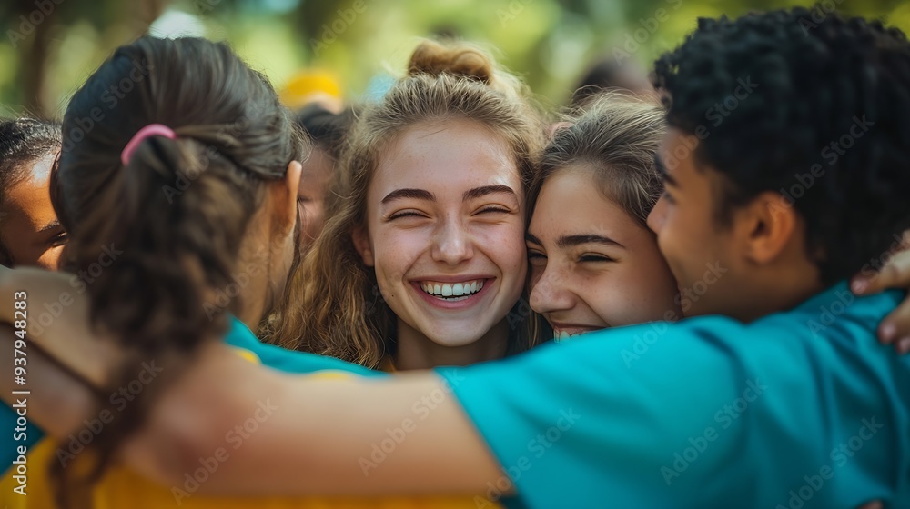 Huddle excited and group of people outdoor with collaboration teamwork ...
