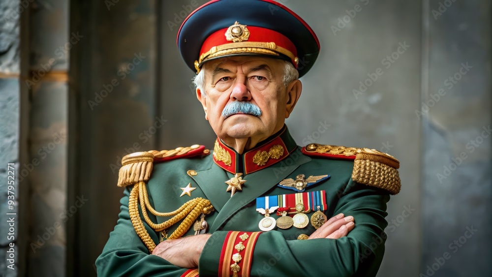 Elderly man in ornate Russian military uniform with gold braid, medals ...