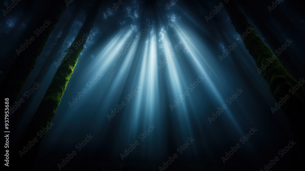 Beams of light cutting through fog in a mysterious swamp with moss ...
